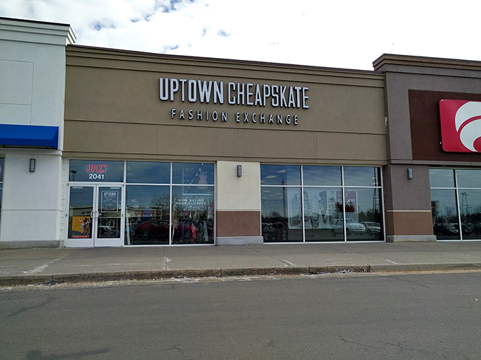 The unassuming storefront belies the fashion wonderland within. Like finding a gourmet burger joint in a gas station, Uptown Cheapskate's exterior promises affordable treasures.