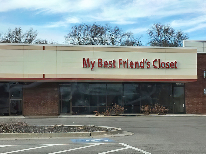 The unassuming storefront of My Best Friend's Closet beckons like a siren song to bargain hunters. Fashion treasures await behind that cheerful red signage.
