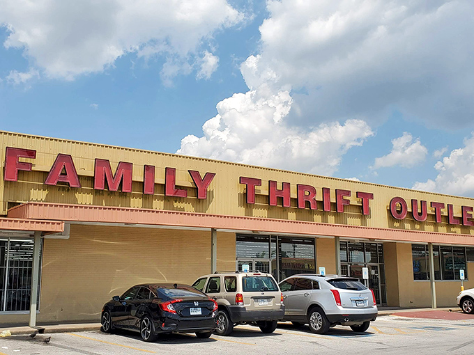 The iconic red lettering of Family Thrift Center Outlet stands bold against the Houston sky, like a beacon calling all treasure hunters to adventure.