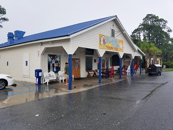 The unassuming exterior of Indian Pass Raw Bar stands as a testament that the best seafood often comes from places without valet parking.