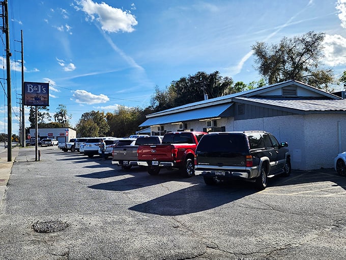 The unassuming exterior of B&J's Steaks & Seafood proudly announces "FRESH SHRIMP" in bold red letters&mdash;a coastal Georgia promise that's gloriously kept inside.