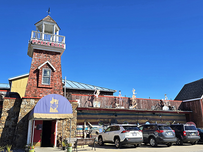 The iconic lighthouse tower of Pickle Bill's stands like a seafood beacon, promising maritime delights in the most unexpected of places&mdash;landlocked Ohio.