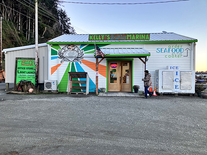 Kelly's Brighton Marina emerges from the mist like a seafood mirage, its emerald-green buildings a beacon for hungry travelers navigating Oregon's coastal wonderland.