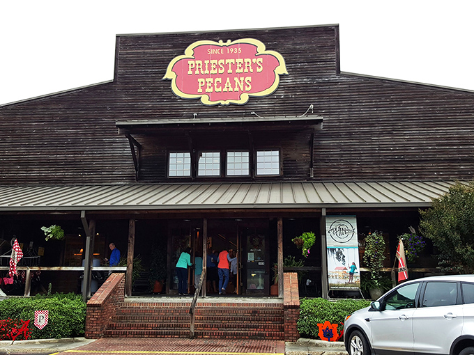 The rustic charm of Priester's Pecans welcomes travelers like a Southern hug, its iconic red sign promising sweet salvation just off I-65.