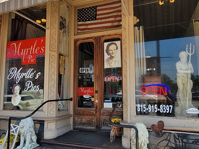 The storefront that launched a thousand pie pilgrimages. Myrtle's charming exterior with its striped awning promises sweet treasures within.