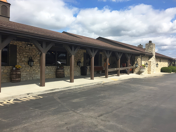 The stone facade of Gray Brothers Cafeteria stands like a comfort food fortress in Mooresville, promising Hoosier hospitality before you even walk through the door.