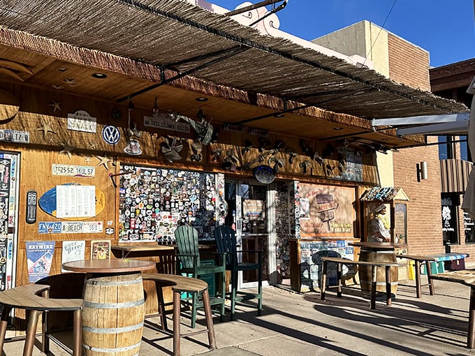 The iconic red sign beckons like a lighthouse for hungry travelers. This unassuming storefront on Nevada Way houses breakfast magic worth the detour.