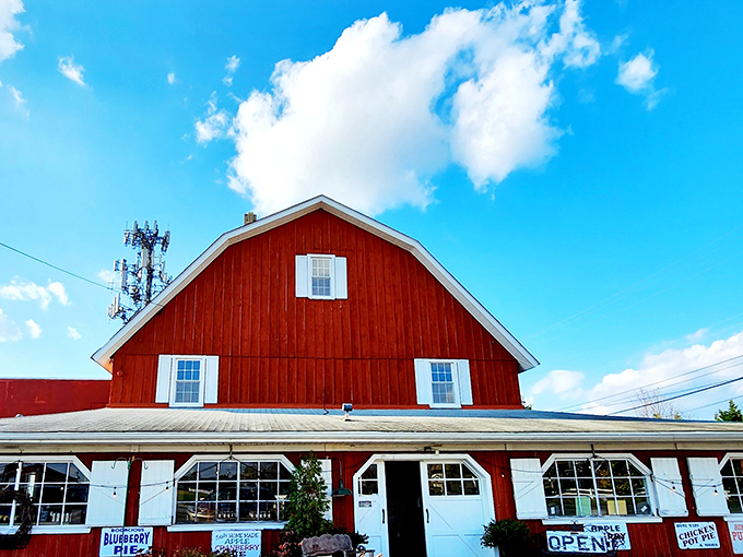 The iconic red barn exterior stands proudly against the blue Jersey sky, surrounded by colorful flowers that practically scream "Come eat something delicious inside!"