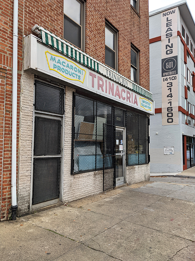 The unassuming storefront of Trinacria, where that vintage "MACARONI PRODUCTS" sign has been guiding hungry Baltimoreans to sandwich nirvana since 1908.