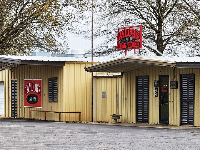 The unassuming yellow exterior of Taylor's Steakhouse stands as proof that culinary greatness often hides in plain sight.