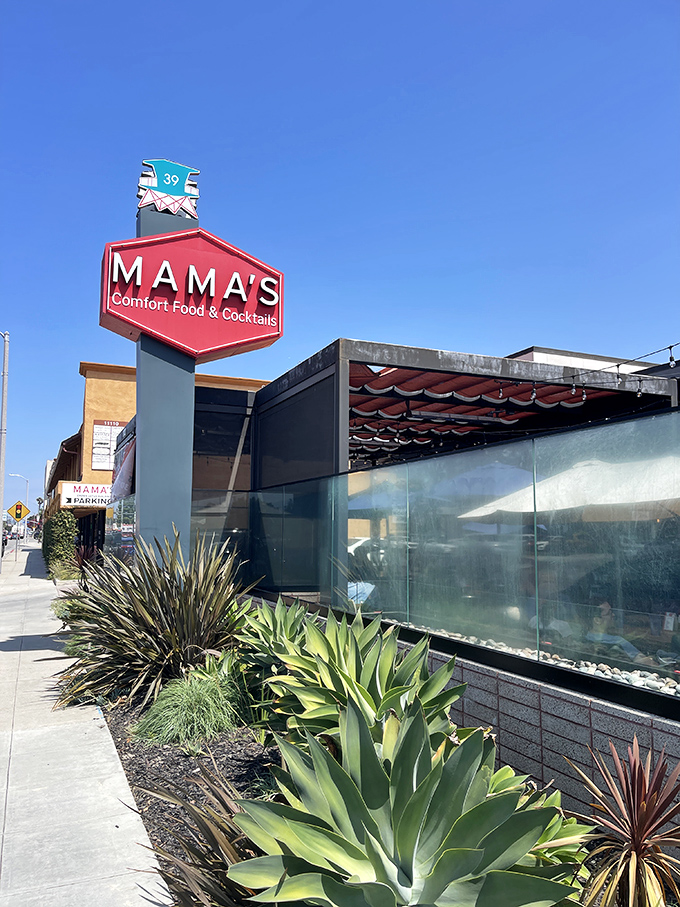 The bright red Mama's sign beckons like a lighthouse for hungry souls. Those wooden benches outside aren't just seating&mdash;they're the waiting room for breakfast nirvana.