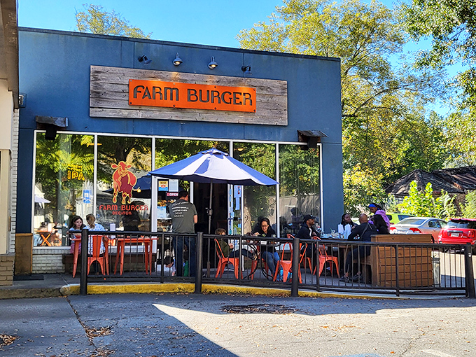 The blue facade with that rustic wooden sign is like a beacon for burger lovers. Farm-to-table isn't just a buzzword here&mdash;it's a delicious promise.