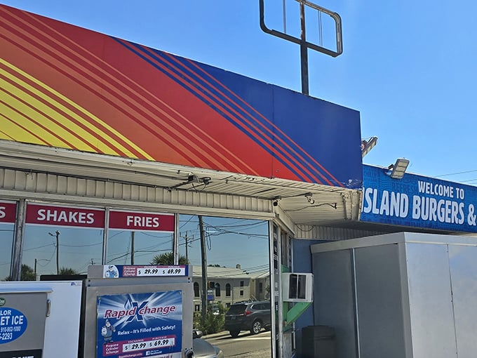 The blue beacon of burger bliss beckons beach-goers with its no-frills charm. Sometimes paradise comes with a side of simplicity.