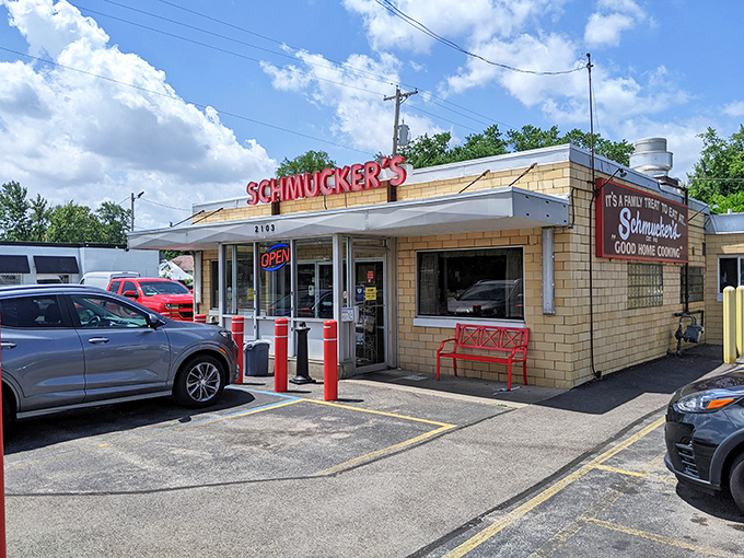 The unassuming yellow brick exterior of Schmucker's promises what every great diner should: "Good Home Cooking" without pretense or fanfare.