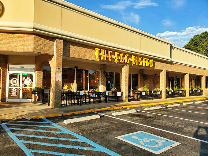The unassuming storefront that houses breakfast nirvana. Like finding a treasure chest in a strip mall, The Egg Bistro's yellow sign beckons hungry travelers.