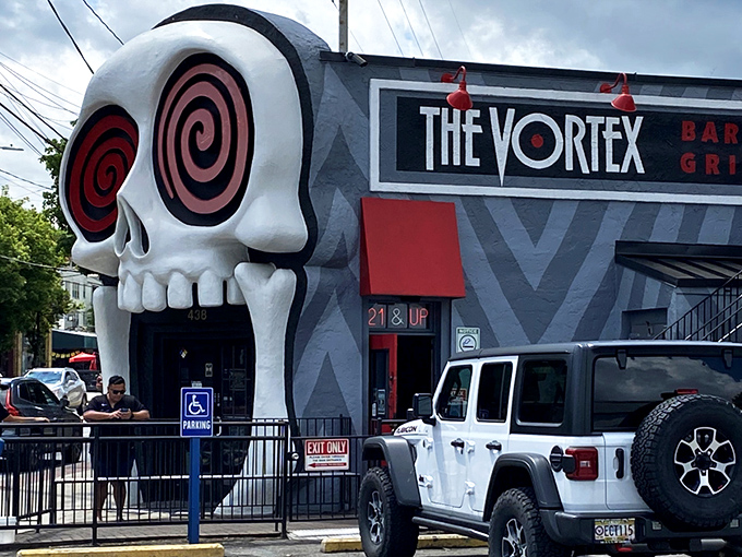The skull entrance isn't subtle marketing&mdash;it's an architectural dare that screams, "Enter if you're brave enough for our burgers!" Pure Atlanta audacity.
