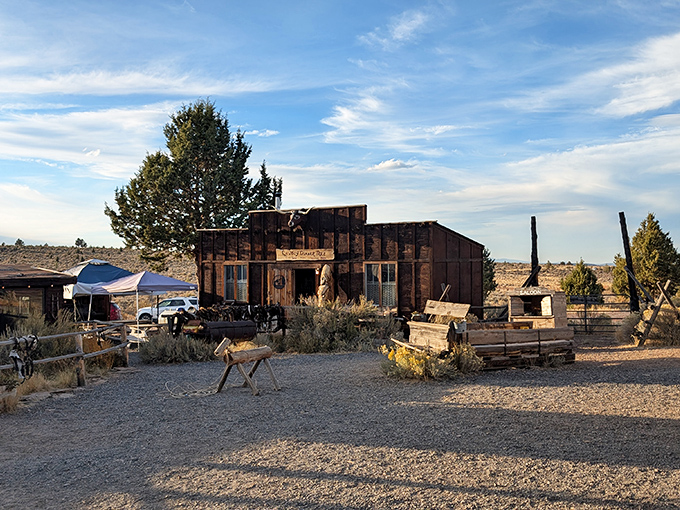 Like a movie set come to life, the Cowboy Dinner Tree stands proudly against the high desert sky, promising culinary adventures in an authentic Western backdrop. 