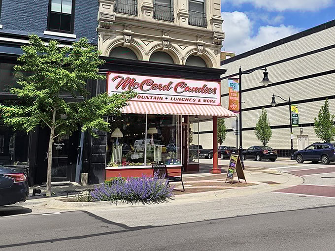 The iconic red and white striped awning of McCord Candies stands like a beacon of sweetness on Lafayette's Main Street, inviting passersby into a world of nostalgic treats.