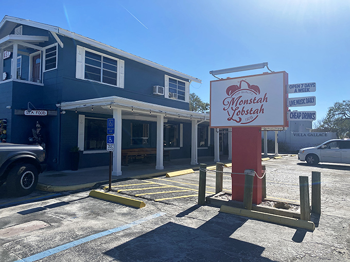 The blue exterior of Monstah Lobstah might not scream "culinary revelation," but that red sign promises a taste of New England that delivers every time.