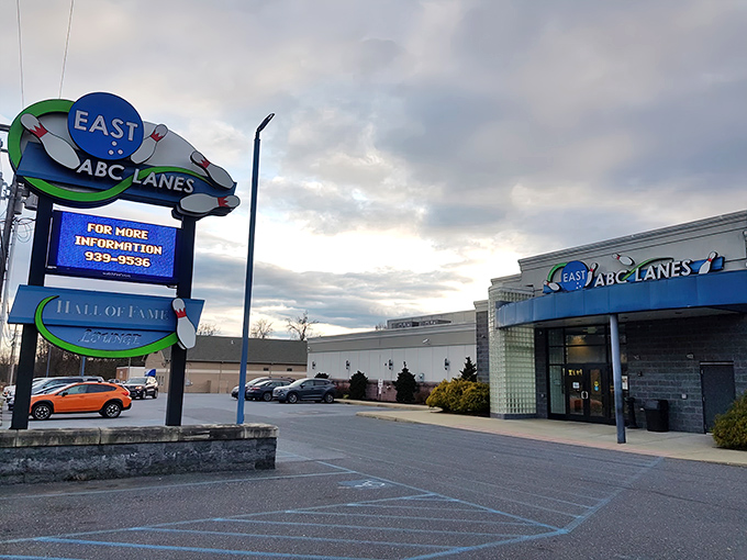 The iconic ABC East Lanes sign stands like a mid-century beacon, promising strikes, spares, and a healthy dose of nostalgia just off the Harrisburg highway.