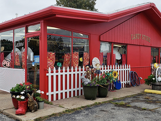 The bright red exterior of Red Berry Candy Shop stands like a beacon of sweetness, complete with white picket fence and cheerful garden decorations.