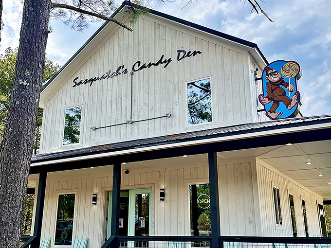 The white clapboard sanctuary of sweetness stands proudly among the pines, with its cartoon Sasquatch mascot clutching a lollipop like it's Olympic gold.
