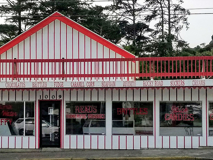 The candy-striped wonderland of Read's Homemade Candies stands like a sweet mirage on Highway 101, promising sugar-fueled bliss to coastal travelers.