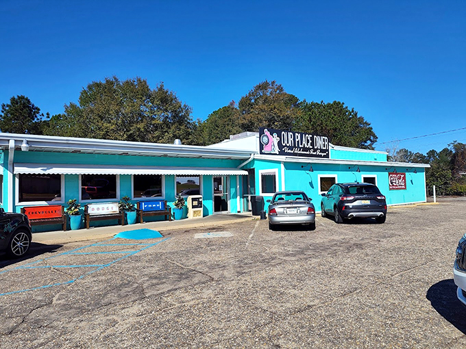 The turquoise oasis of Our Place Diner beckons hungry travelers along Highway 231 like a delicious mirage in the Alabama landscape.