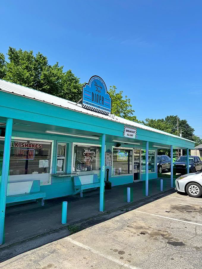That unmistakable turquoise exterior isn't just a building&mdash;it's a time portal disguised as a diner. The Dairy Dip's vintage sign practically winks at passersby.