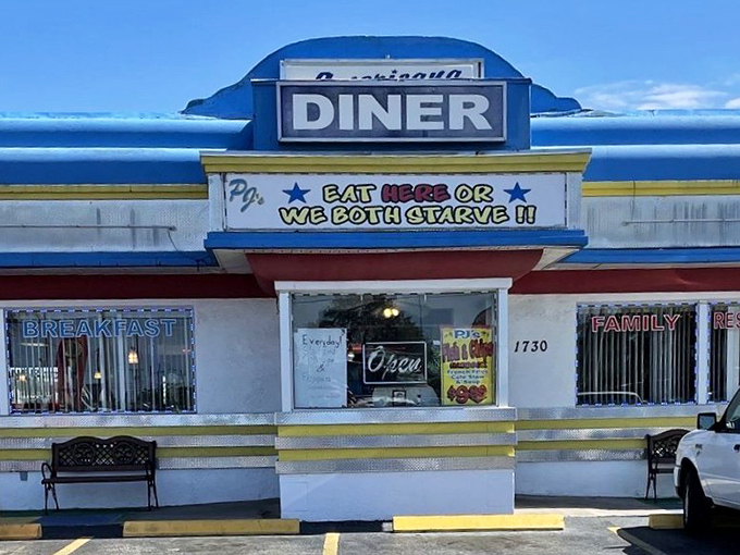 The technicolor dreamcoat of diners! Americana 50's Family Diner's exterior pops against the Florida sky like a Technicolor postcard from the past.