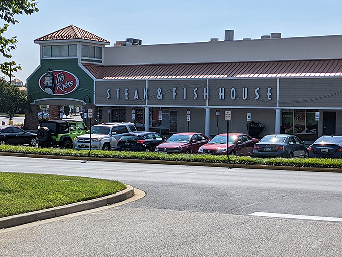 The unassuming red facade of Two Rivers Steak & Fish House proves that culinary treasures often hide in plain sight, like Maryland's best-kept secret.