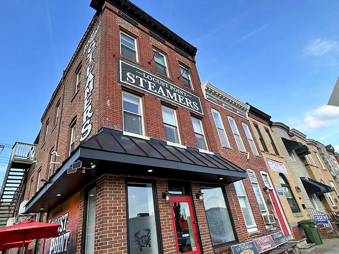 That iconic vertical "STEAMERS" sign is like a lighthouse for the hungry, guiding seafood pilgrims to this brick corner of Baltimore's Locust Point neighborhood.