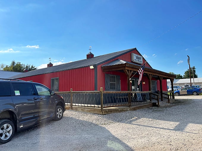 The bright red exterior of The Hoof stands like a culinary lighthouse in rural Madison, beckoning hungry travelers from miles around.