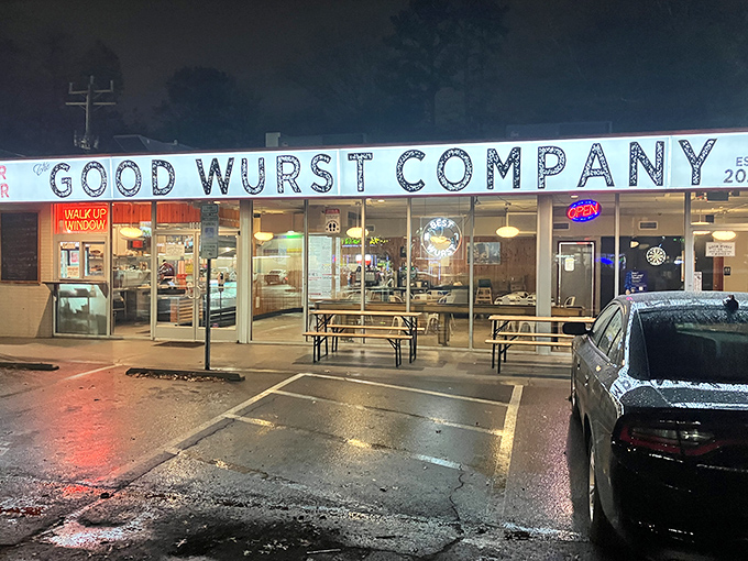 The glowing sign cuts through Charlotte's night like a beacon for the sandwich-deprived. No fancy frills, just the promise of German-inspired delights waiting inside. 