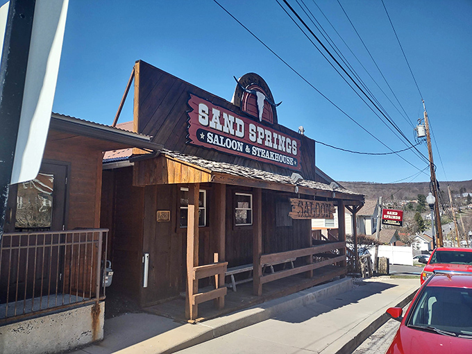 The Wild West meets Western Maryland at Sand Springs' rustic exterior, where that wooden porch practically whispers, "Come on in, partner."