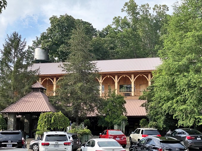 Rustic elegance nestled in North Carolina greenery, where the restaurant's timber frame and metal roof suggest serious business is happening in those kitchens.