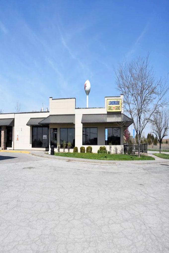 The unassuming exterior of Landmark Grill & Grind stands like a beacon of breakfast hope amid Iowa's rolling landscape. Worth every mile of the journey.
