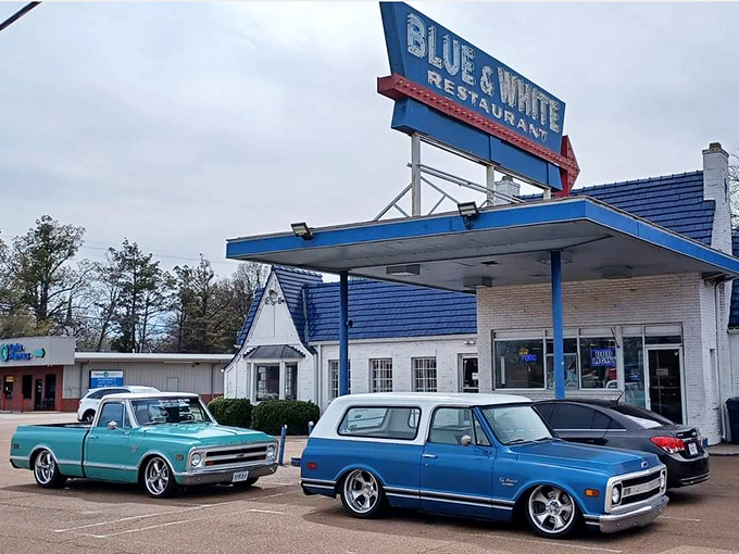 The iconic Blue & White sign beckons hungry travelers like a beacon of hope. This former gas station has fueled Mississippi bellies longer than most cars on its lot.