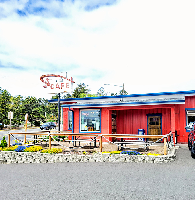 The iconic red exterior and vintage neon sign of Otis Cafe stands like a beacon for hungry travelers. This roadside gem has been calling breakfast pilgrims to Highway 18 for generations.