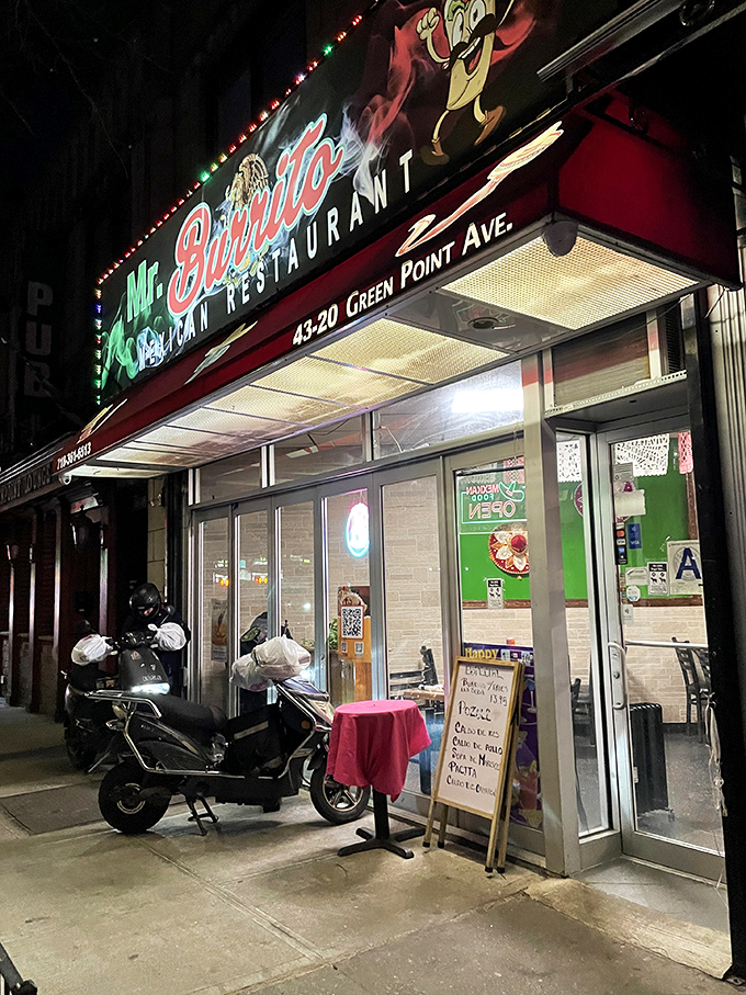 The unassuming storefront of Mr. Burrito in Sunnyside &ndash; proof that culinary treasures often hide behind modest facades. 