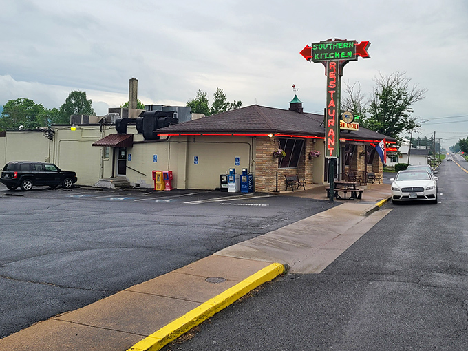That vintage neon sign isn't just advertising &ndash; it's a time machine beckoning you to simpler days when calories didn't count and gravy was a food group.