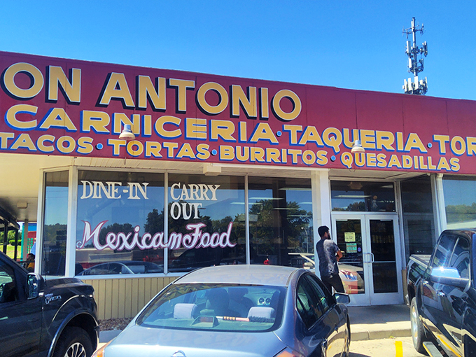 The bright red signage of Don Antonio stands out like a beacon of culinary promise against the Kansas sky, beckoning hungry travelers with its straightforward mission.