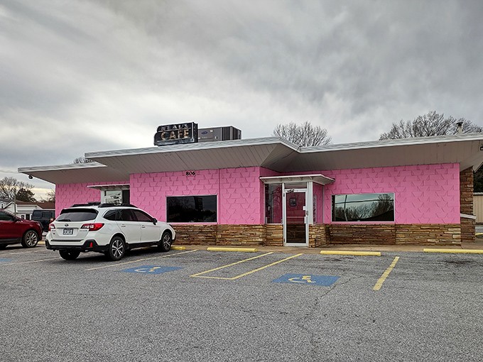 That pink exterior isn't just a building&mdash;it's a beacon of hope for hungry travelers seeking Southern comfort on a plate.
