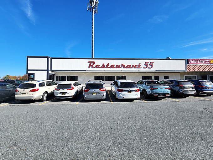 The unassuming storefront of Restaurant 55 proves once again that culinary treasures often hide in plain sight along Delaware's highways.