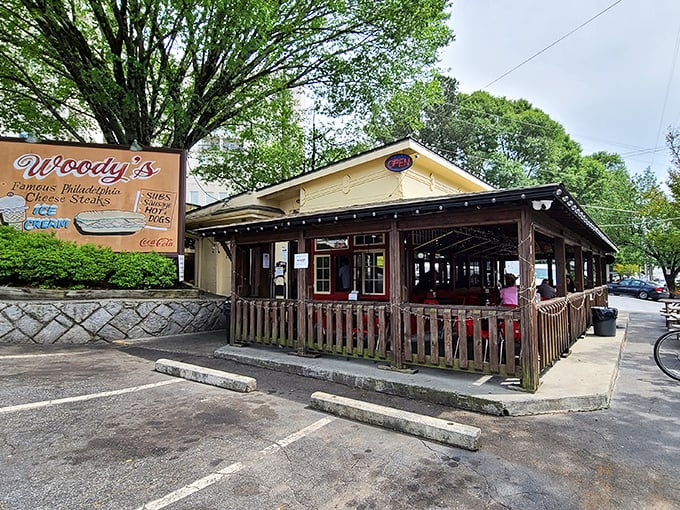 Nestled among flowering trees, Woody's unassuming exterior is like finding a secret Philadelphia embassy on Atlanta soil. Cheesesteak diplomacy at its finest.