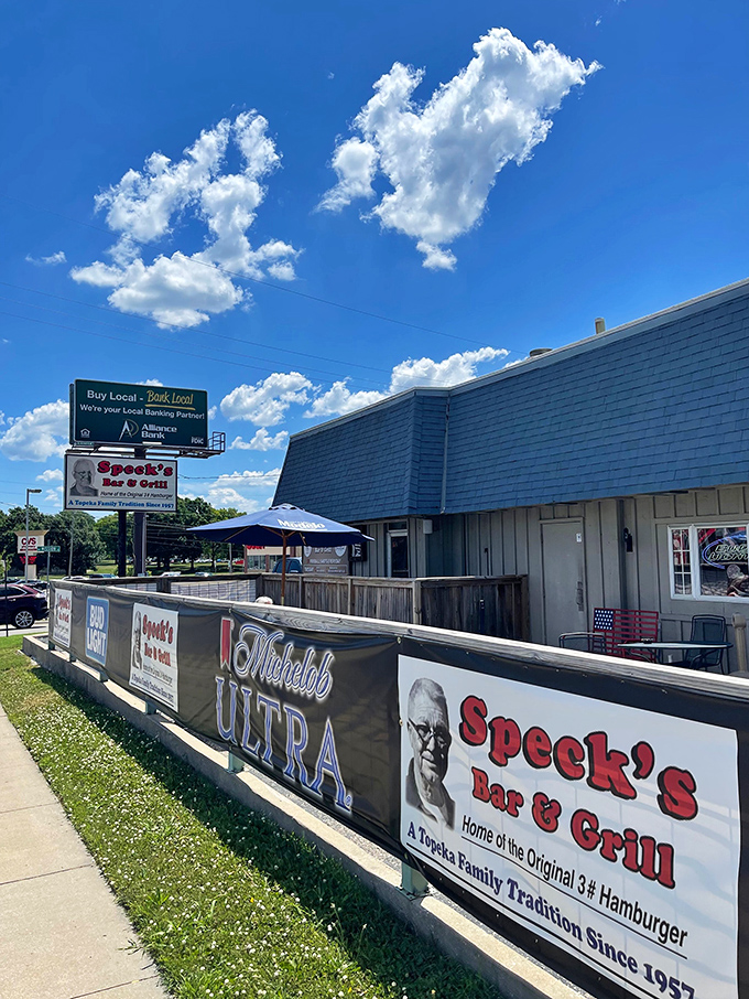 The blue-roofed time capsule that houses burger greatness. Speck's unassuming exterior proves once again that culinary treasures often hide in plain sight.