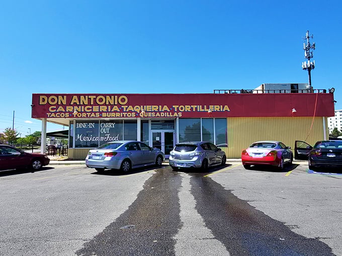 The bright red signage of Don Antonio stands out like a beacon of culinary promise against the Kansas sky, beckoning hungry travelers with its straightforward mission.