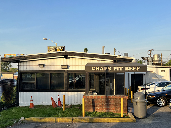 The unassuming exterior of Chaps Pit Beef&mdash;proof that culinary greatness often hides in humble packages. Baltimore's meat temple awaits.