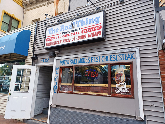 The unassuming storefront of The Real Thing in Towson might not catch your eye, but locals know this modest exterior hides cheesesteak greatness within.