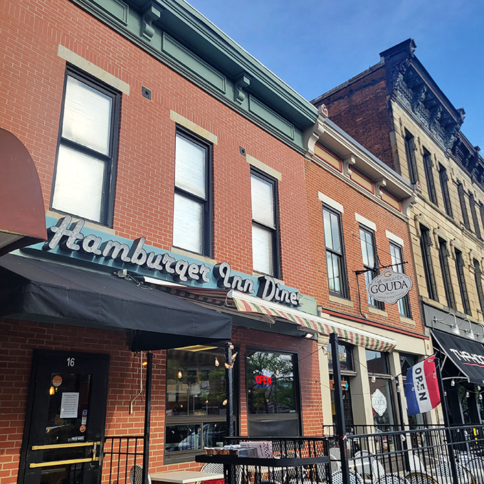 The brick fa&ccedil;ade and vintage signage of Hamburger Inn Diner stands as a time capsule on Delaware's main drag, promising comfort and nostalgia with every visit.